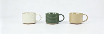 China 3 Pack Embossed Textured Short Wide Ceramic Coffee Mugs, Neutral Earth Tone Ribbed Diamond Dot Pattern Mugs, Wabi-Sabi Farmhouse Tea Cups with Raw Clay Base for sale