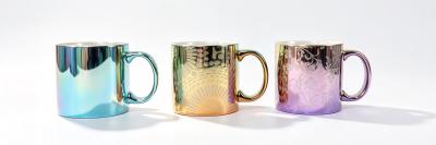 China Holographic Iridescent Mirror Ceramic Mugs with White Etched Pattern, Electroplated Rainbow Pastel Coffee Cups, Floral Sunburst Decorative Tea Mugs, Luxury Aesthetic Gift Mugs for Women for sale