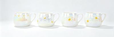 China Pearlescent Iridescent Embossed Daisy Ceramic Mugs, Rainbow Luster Floral Coffee Cups, Round Belly Cute Daisy Tea Mugs, Aesthetic Spring Floral Drinkware Gift for Women for sale