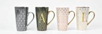China Art Deco Gold Geometric Monogram Ceramic Mugs, Tall Metallic Trim Coffee Cups, Luxury Initial Letter Porcelain Tea Mugs for Gift & Office Decor for sale