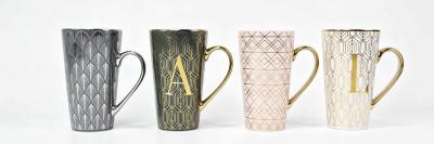 China Art Deco Gold Geometric Monogram Ceramic Mugs, Tall Metallic Trim Coffee Cups, Luxury Initial Letter Porcelain Tea Mugs for Gift & Office Decor for sale