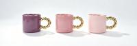 China Luxury Chain Gold Handle Ceramic Mugs Set of 3, Gloss Pastel Purple Pink Coffee Cups with Golden Rim, Elegant Aesthetic Decor Tea Mugs for Gift & Home Table Decor for sale