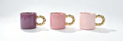 China Luxury Chain Gold Handle Ceramic Mugs Set of 3, Gloss Pastel Purple Pink Coffee Cups with Golden Rim, Elegant Aesthetic Decor Tea Mugs for Gift & Home Table Decor for sale