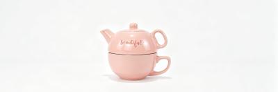 China Stackable Pink Ceramic Tea for One Set, Embossed 