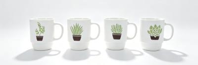 China 4 Pack Succulent Plant Ceramic Mugs, Minimalist White Stackable Coffee Cups with 4 Unique Houseplant Prints, Plant Lover Tea Mug Set for Home Decor & Gifts for sale