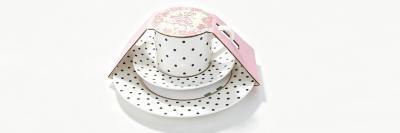 China Polka Dot Ceramic Tea Cup Saucer Plate Gift Set with Hello Spring Floral Card Sleeve, Gold Rim 3-Piece Single Serving Coffee Tableware, Cute Black Dot Porcelain Afternoon Tea Gift Box for Women for sale