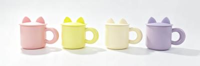 China 4 Pack Cute Cat Ear Lid Ceramic Mugs, Pastel Macaron Color Thick Bubble Handle Coffee Cups, Kawaii Kitty Cover Tea Mug Set for Girls Gift & Office Decor for sale