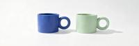 China 2 Pack Chunky Big Ring Handle Ceramic Mugs, Solid Gloss Cobalt Blue & Sage Green Short Wide Body Coffee Cups, Modern Minimalist Bubble Loop Tea Mug Set for Aesthetic Home Decor & Couple Gift for sale