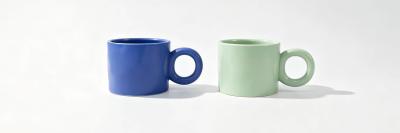 China 2 Pack Chunky Big Ring Handle Ceramic Mugs, Solid Gloss Cobalt Blue & Sage Green Short Wide Body Coffee Cups, Modern Minimalist Bubble Loop Tea Mug Set for Aesthetic Home Decor & Couple Gift for sale