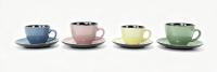 China 4 Pack Two-Tone Pastel Ceramic Tea Cup & Saucer Sets, Black Interior Contrast Glaze Wide Belly Coffee Mugs, Macaron Color Matching Plate Latte Cup Combo for Afternoon Tea & Housewarming Gift for sale