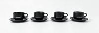China 4 Pack Matte Black COFFEE Letter Ceramic Cup & Saucer Sets, Short Wide Belly Espresso Latte Mugs, Minimalist Monochrome Coffee Tableware Combo for Café & Modern Home Gift for sale