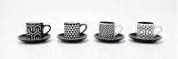 China 4 Pack Black & White Geometric Pattern Ceramic Cup & Saucer Sets, Modern Abstract Graphic Coffee Mugs, Contrast Interior Latte Tea Mug Combo for Minimalist Home & Housewarming Gift for sale