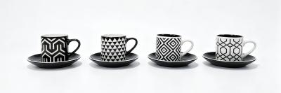 China 4 Pack Black & White Geometric Pattern Ceramic Cup & Saucer Sets, Modern Abstract Graphic Coffee Mugs, Contrast Interior Latte Tea Mug Combo for Minimalist Home & Housewarming Gift for sale