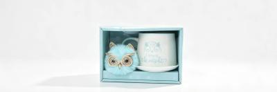 China I Love The Night Owl Theme Mug Gift Box Set, Cute Ceramic Cup & Saucer with Fluffy Owl Brooch Accessory, Pastel Light Blue Ready-to-Gift Tableware for Girls Birthday & Night Owl Lover Gift for sale