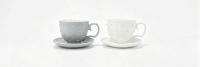China 2 Pack Embossed Dot Ceramic Tea Cup & Saucer Sets, Heart Shaped Handle Polka Dot Latte Mugs, Light Gray & White Vintage Raised Dot Tableware for Bridal Shower & Couple Gift for sale
