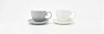China 2 Pack Embossed Dot Ceramic Tea Cup & Saucer Sets, Heart Shaped Handle Polka Dot Latte Mugs, Light Gray & White Vintage Raised Dot Tableware for Bridal Shower & Couple Gift for sale