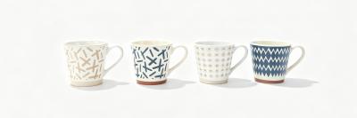 China Boho Geometric Print Taper Ceramic Coffee Mugs, Neutral Hand Drawn Pattern Handle Tea Cups for sale