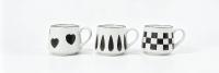China Minimalist Black Graphic Wide Belly White Ceramic Mugs, Heart Teardrop Checkerboard Print Coffee Tea Cups for sale