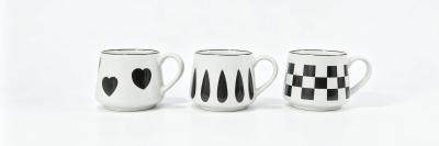 China Minimalist Black Graphic Wide Belly White Ceramic Mugs, Heart Teardrop Checkerboard Print Coffee Tea Cups for sale