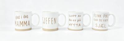 China Norwegian Handwritten Quote White Ceramic Mugs, Natural Raw Clay Base Nordic Daily Phrase Coffee Tea Cups 4 Pack for sale