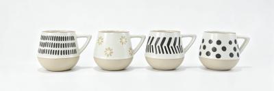 China 4 Pack Two-Tone Bulbous Ceramic Coffee Mugs, Neutral Boho Geometric Floral Pattern Tea Cups for Kitchen Decor & Housewarming Gifts for sale
