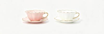 China 2 Sets Gold Rim Flower Porcelain Tea Cup & Saucer, Pastel Pink White Scalloped Petal Coffee Mug for Wedding & Afternoon Tea Gift for sale
