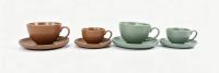 China 4 Pack Rustic Textured Ceramic Cup & Saucer Sets, 2 Sizes Earthy Brown Sage Green Ribbed Coffee Mugs for Farmhouse Kitchen & Housewarming Gift for sale