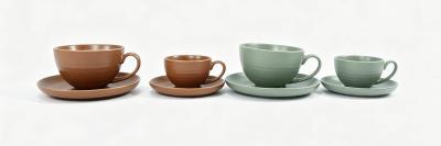 China 4 Pack Rustic Textured Ceramic Cup & Saucer Sets, 2 Sizes Earthy Brown Sage Green Ribbed Coffee Mugs for Farmhouse Kitchen & Housewarming Gift for sale