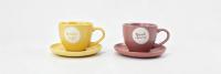 China 2 Pack Good Morning Quote Ceramic Cup and Saucer Sets, Matte Yellow Pink Positive Slogan Coffee Mugs for Breakfast & Gift for sale