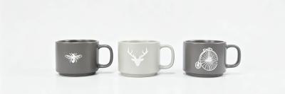 China Minimalist Silhouette Ceramic Coffee Mugs Set of 3, Matte Neutral Gray Off White Decor Tea Cups with Bee Deer Vintage Bike Pattern for Home Gift for sale