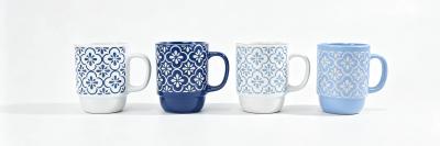 China 4 Pack Blue Floral Tile Ceramic Coffee Mugs, Stackable Vintage Mediterranean Floral Pattern Tea Cups for Kitchen & Gifts for sale