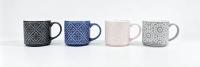 China 4 Pack Embossed Geometric Floral Ceramic Mugs, Textured Pattern Coffee Cups with White Interior for Kitchen Decor & Gift for sale
