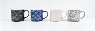 China 4 Pack Embossed Geometric Floral Ceramic Mugs, Textured Pattern Coffee Cups with White Interior for Kitchen Decor & Gift for sale