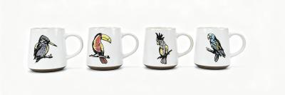 China 4 Pack Tropical Bird Print Ceramic Mugs, White Curved Coffee Cups with Hand Drawn Parrot & Toucan Art for Home Decor & Gift for sale