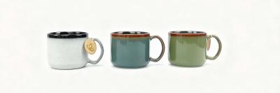 China 3 Pack Reactive Glaze Two-Tone Ceramic Mugs, Vintage Rustic Wide Body Coffee Cups with Retail Hang Tags for sale