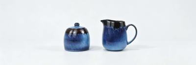 China Drip Reactive Glaze Ceramic Sugar Bowl and Cream Pitcher Set, Gradient Blue Coffee Bar Serving Accessory for Farmhouse Kitchen Decor for sale