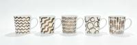 China 5 Pack White Ceramic Coffee Mugs with Hand Drawn Bronze Abstract Geometric Patterns, Modern Minimalist Large Tea Cup Set for Home & Gifting for sale