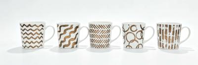 China 5 Pack White Ceramic Coffee Mugs with Hand Drawn Bronze Abstract Geometric Patterns, Modern Minimalist Large Tea Cup Set for Home & Gifting for sale