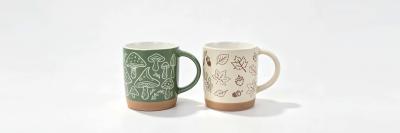 China 2 Pack Forest Nature Ceramic Mugs, Green Mushroom & Cream Acorn Maple Leaf Line Art Coffee Cups with Raw Clay Base for Fall Decor & Gift for sale