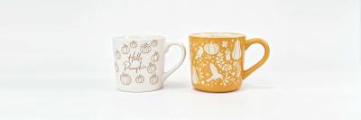 China 2 Pack Hello Pumpkin Fall Ceramic Mugs, Speckled Cream & Mustard Yellow Autumn Coffee Cups with Crow Pumpkin Pattern for Harvest Decor & Gift for sale