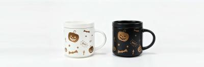 China 2 Pack Halloween Ceramic Mugs, White & Black Gold Foil Pumpkin Bat BOO Pattern Coffee Cups with Matching Lid for Halloween Decor & Gift for sale