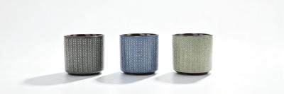 China 3 Pack Embossed Herringbone Ceramic Tea Cups, Handleless Stoneware Small Drink Cups in Grey Blue Green for Tea, Espresso & Rustic Kitchen Decor for sale