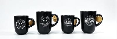 China 4 Pack Matte Black Halloween Ceramic Mugs, Stitched Smiley & Happy Halloween Spiderweb Coffee Cups with Gold Hang Tags for Fall Decor & Gift for sale
