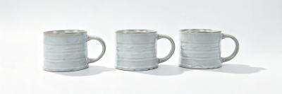 China 3 Pack Handmade Ripple Textured Ceramic Mugs, Light Grey Reactive Glaze Short Coffee Cups with Rustic Brown Rim for Farmhouse Decor & Gifting for sale