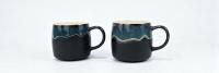 China 2 Pack Reactive Glaze Mountain Ceramic Mugs, Matte Black Stoneware Coffee Cups with Teal Landscape Rim, Large Round Belly Drinking Mugs for Gift & Daily Use for sale