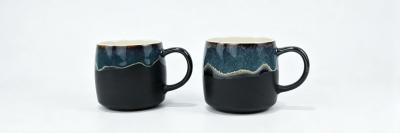 China 2 Pack Reactive Glaze Mountain Ceramic Mugs, Matte Black Stoneware Coffee Cups with Teal Landscape Rim, Large Round Belly Drinking Mugs for Gift & Daily Use for sale