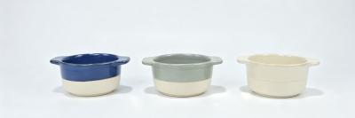 China Two-Tone Ceramic Soup Bowls with Double Handles, Set of 3 Dual Glaze Stoneware Ramekins for Oven, Microwave & Dishwasher, Blue Grey Cream Baking Crocks for Kitchen & Housewarming Gift for sale