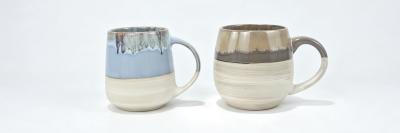 China Set of 2 Drip Reactive Glaze Ceramic Mugs, Hand-Striped Matte Base Stoneware Coffee Cups, Two-Tone Barrel Shaped Tea Mugs, Microwave & Dishwasher Safe Rustic Kitchen Drinking Cups for sale