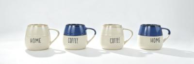 China Set of 4 Two-Tone Drip Glaze Round Belly Ceramic Mugs, HOME & COFFEE Letter Printed Stoneware Coffee Cups, Cream & Blue Ombre Tea Mugs, Microwave Dishwasher Safe Neutral Kitchen Drinking Cups for sale