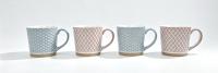 China Set of 4 Embossed Geometric Textured Ceramic Mugs, Pastel Blue Honeycomb & Blush Pink Diamond Pattern Stoneware Coffee Cups with Natural Raw Clay Base, Microwave & Dishwasher Safe Modern Farmhouse for sale